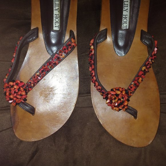 LILY HOLT | Shoes | Lily Holt Coral And Black Micro Bead Flip Flop ...